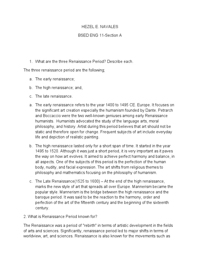 Renaissance Questions | PDF | Renaissance | Humanism