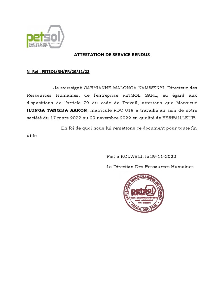 Attestation de Service Rendu - PETSOL | PDF