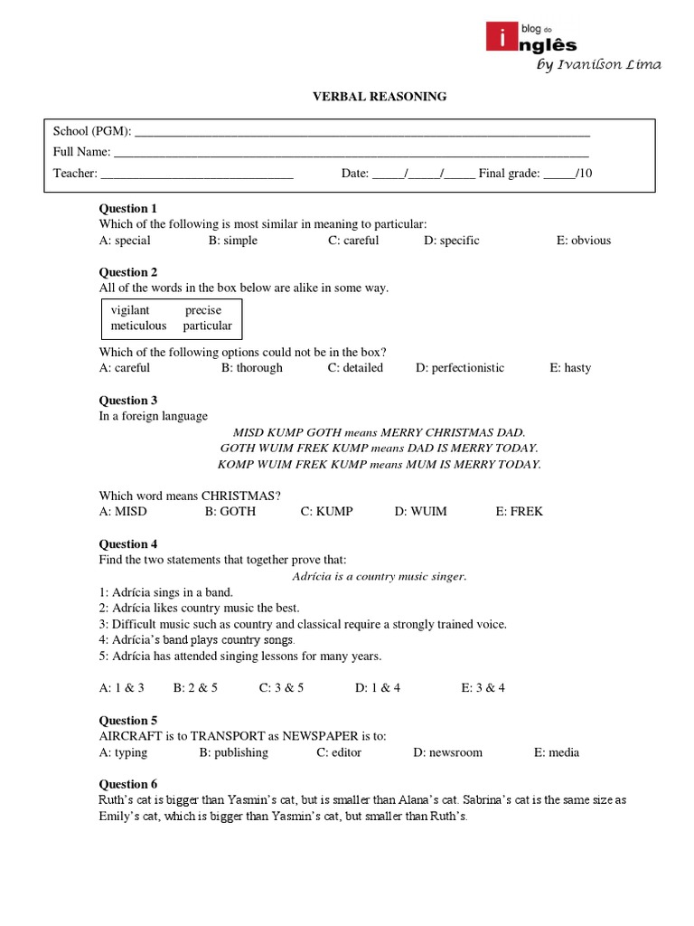 Verbal Reasoning | PDF