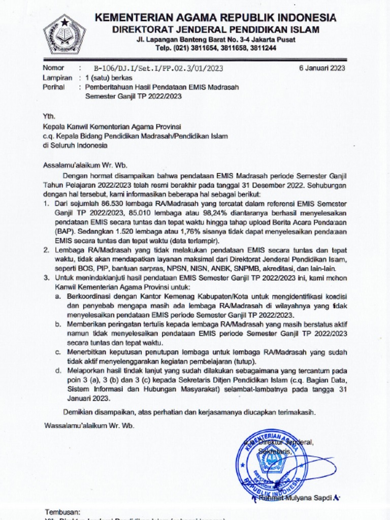 Surat Hasil Pemutakhiran EMIS Madrasah Ganjil 2022-2023 | PDF