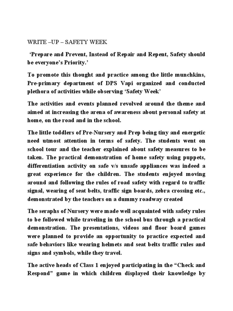 Safety Week Activities for Kids | PDF | Teachers | Learning