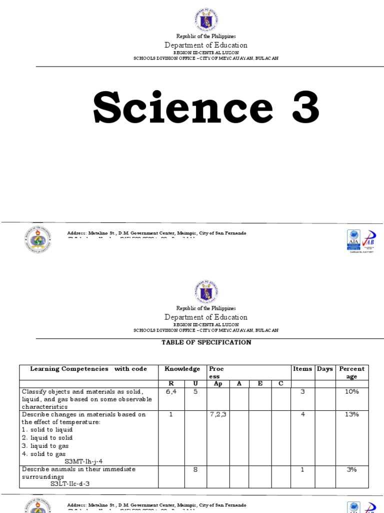 Science 3 - Table of Specifications | PDF
