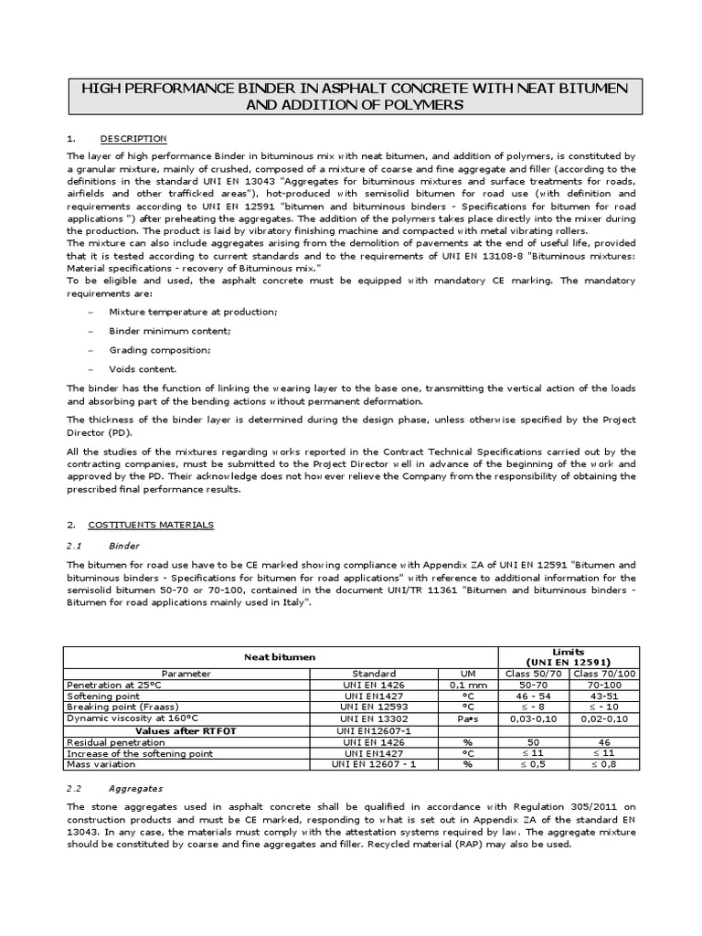 High Performance Binder in Asphalt Concrete With Neat Bitumen, With ...