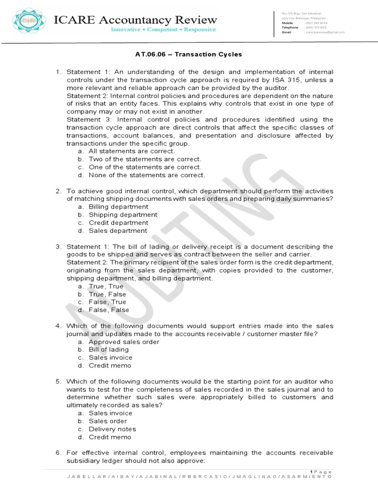 AT.06.06 - Transaction Cycles (Part 1) | PDF | Inventory | Internal Control