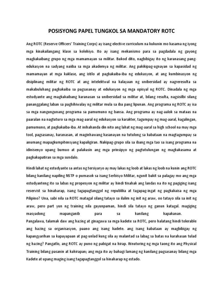 Posisyong Papel Tungkol Sa Mandatory Rotc | PDF