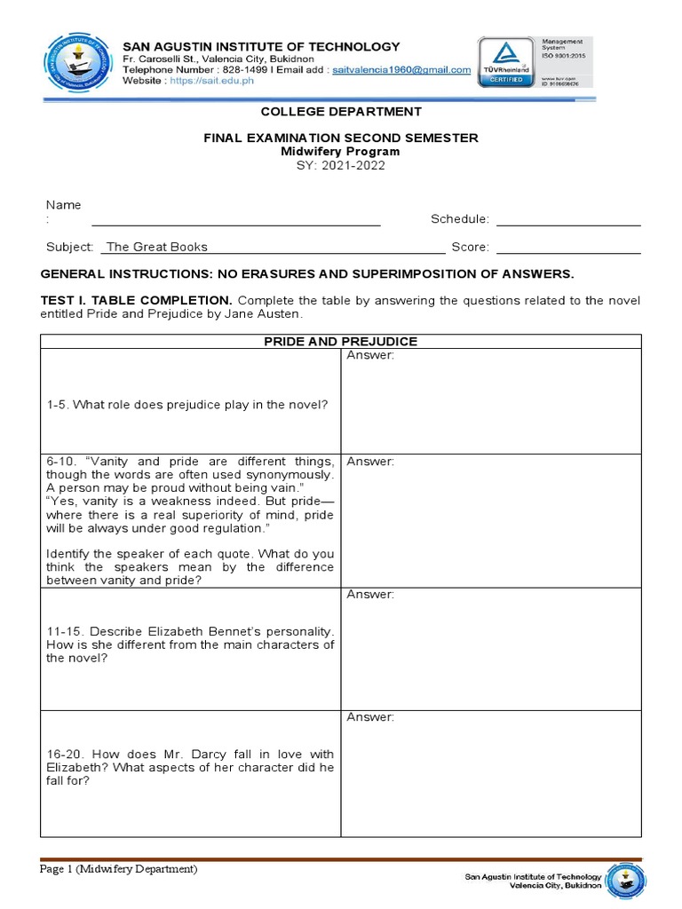 Midwifery Final Exam: Pride and Prejudice | PDF | Pride And Prejudice ...