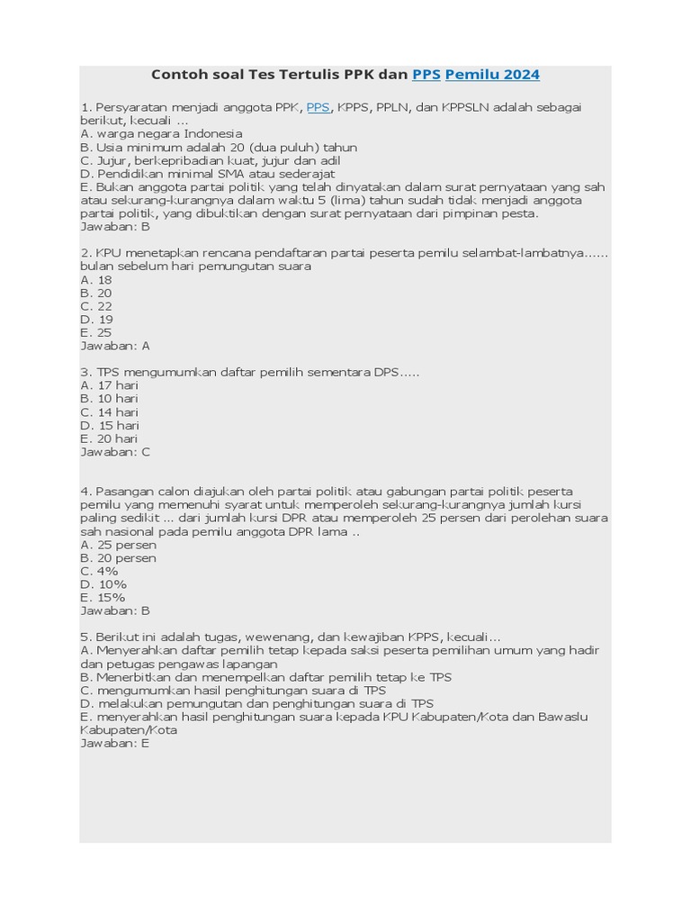 Contoh Soal Tes Tertulis PPK Dan PPS Pemilu 2024. 1 | PDF
