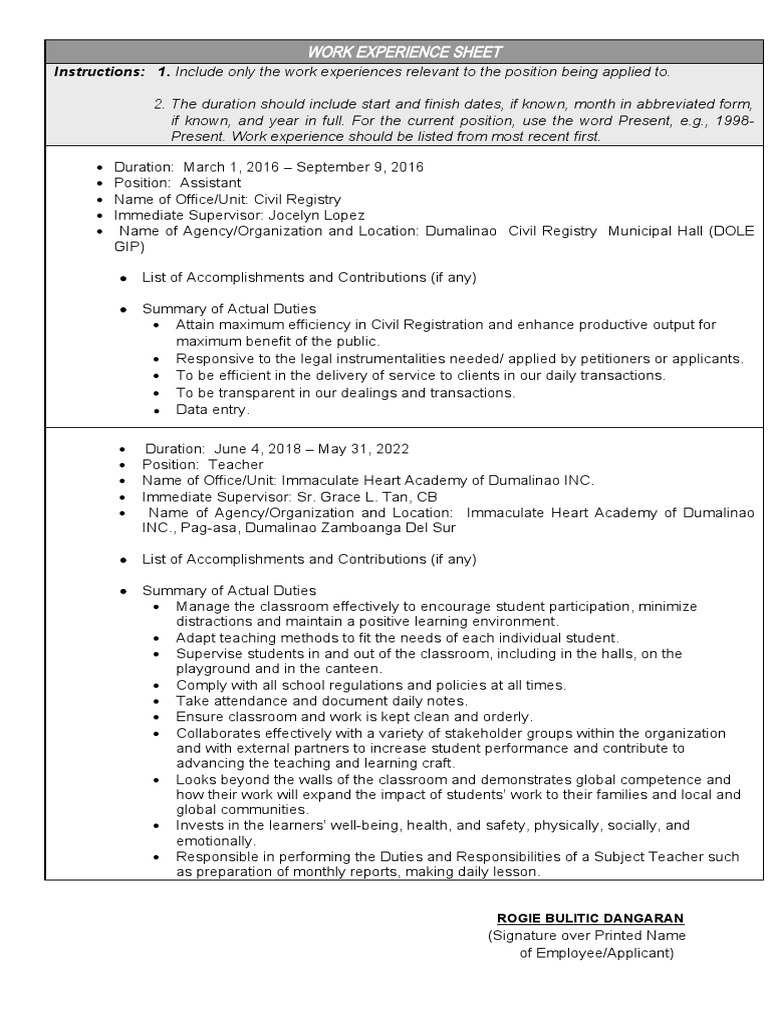 CS Form No 212 Work Experience Sheet | PDF | Teachers | Learning