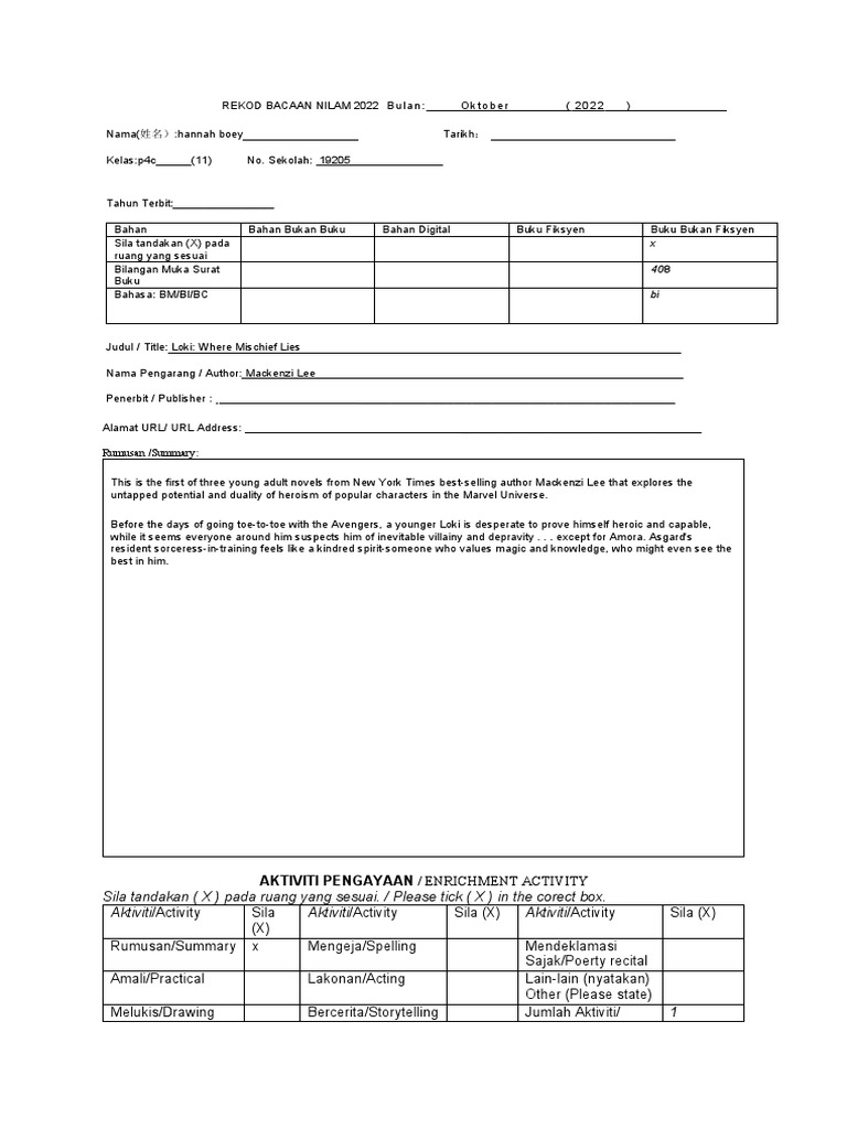 Rumusan p4c 11 Hannah Boey Yan Yee - October | PDF | Marvel Comics | Thor