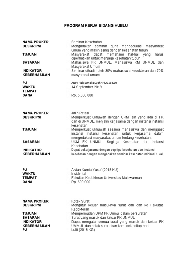 Program Kerja Bidang Hublu FK UNMUL | PDF