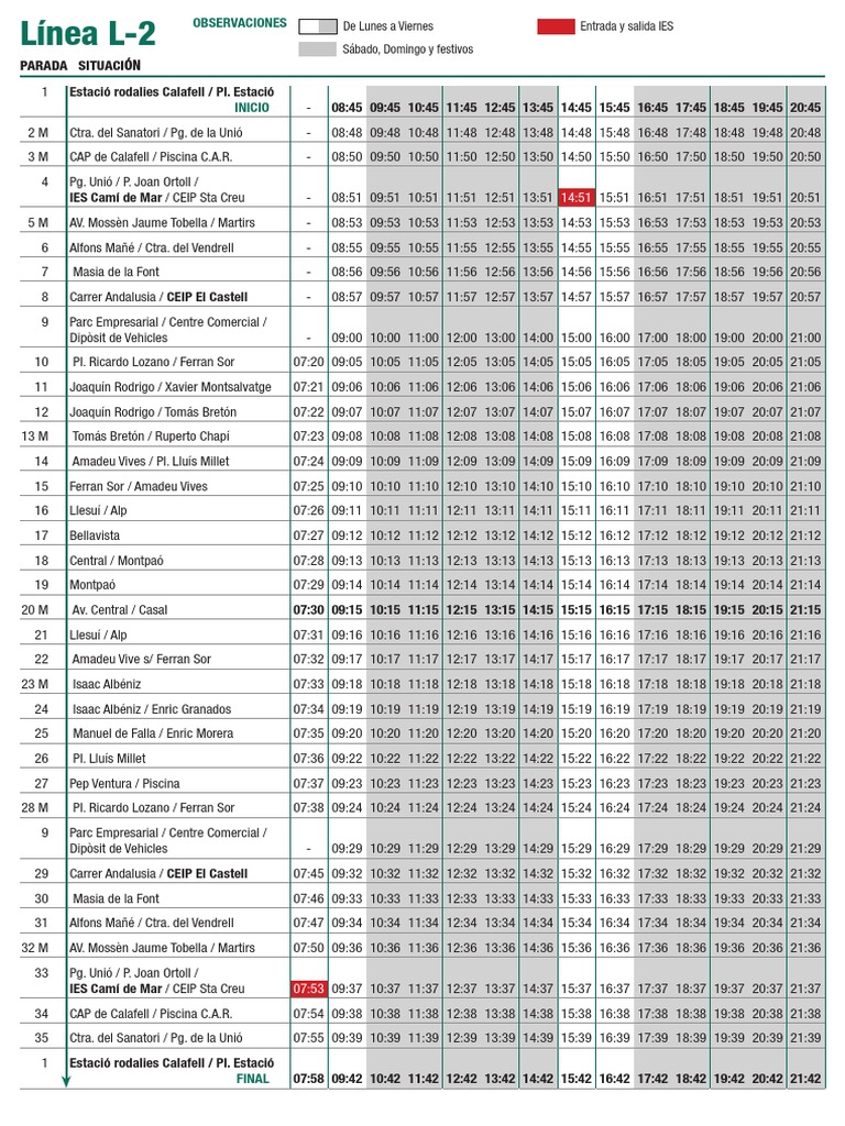 Horarios de Bus L2 Calafell-Tarragona | PDF