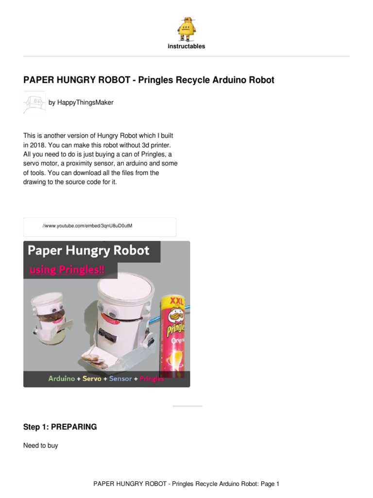 PAPER HUNGRY ROBOT Pringles Recycle Arduino Robot | PDF | Arduino | Robot