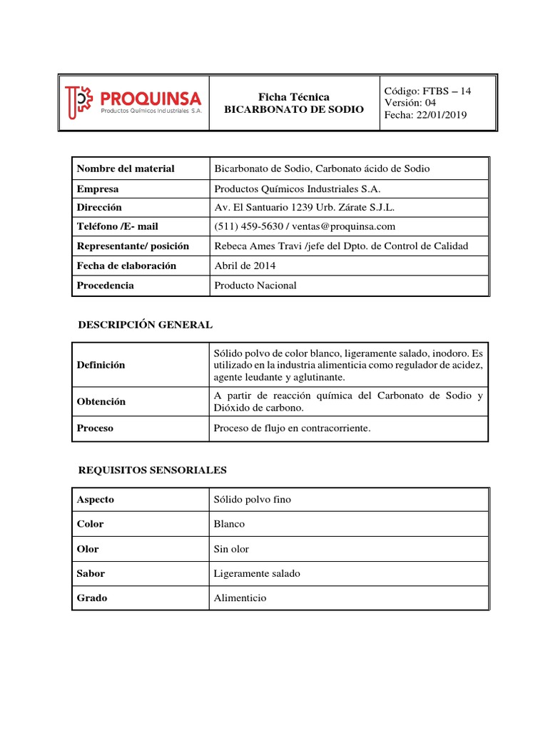 Bicarbonato de Sodio Ficha Tecnica | PDF | Solubilidad | Carbonato