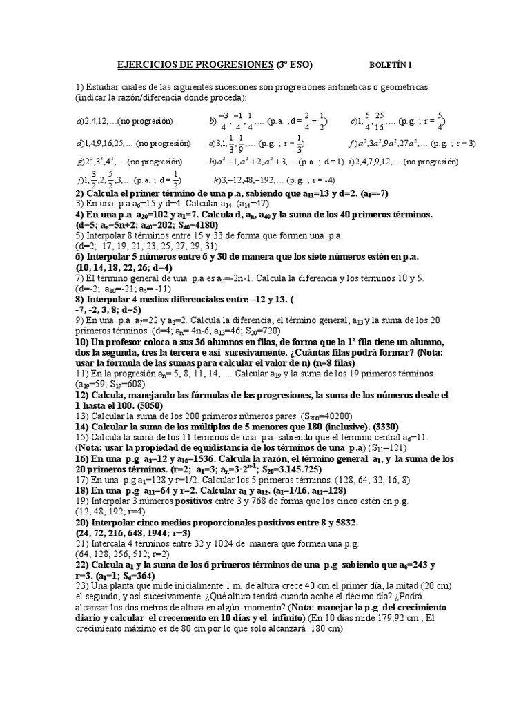 EJERCICIOS DE PROGRESIONES (3º ESO) (Boletin 1) | PDF | Matemáticas