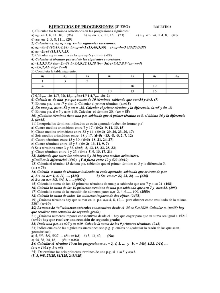 EjERCICIOS DE PROGRESIONES (3º ESO) (Boletin 2) | PDF