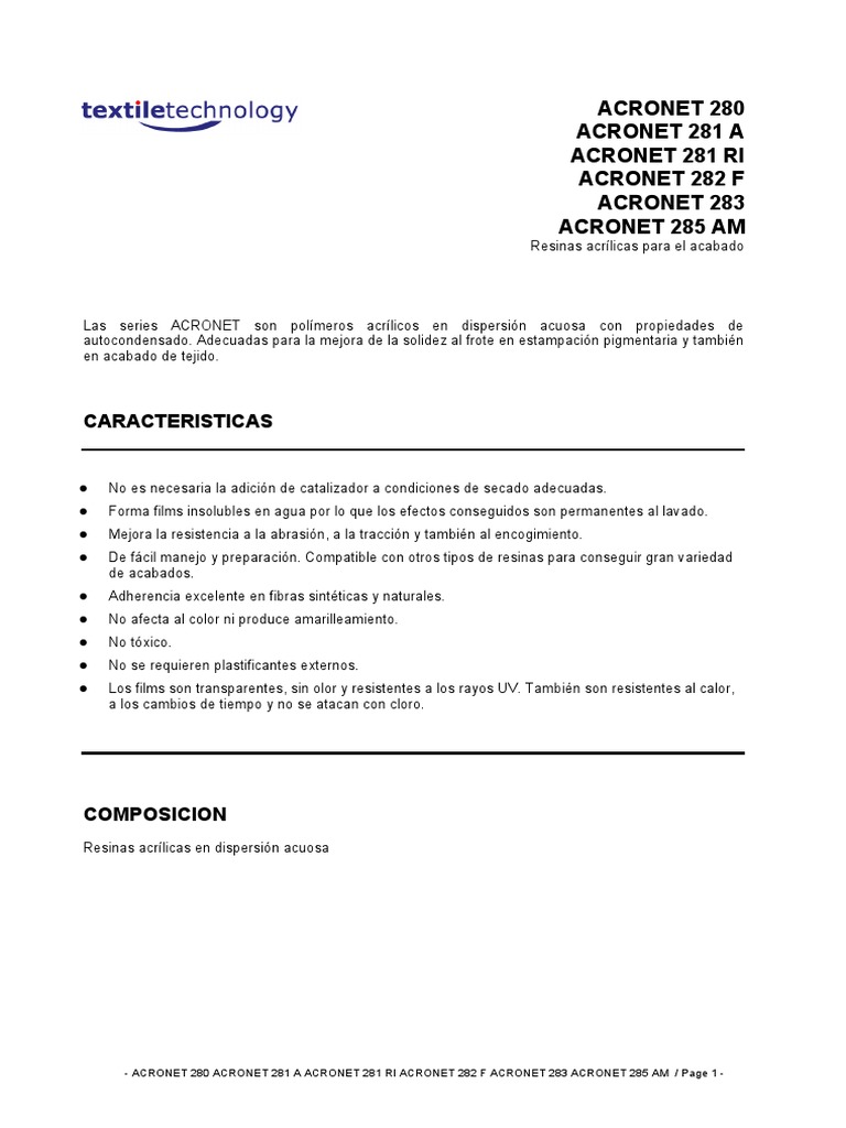 Resinas ACRONET para Acabados Textiles | PDF | Ciencias fisicas ...