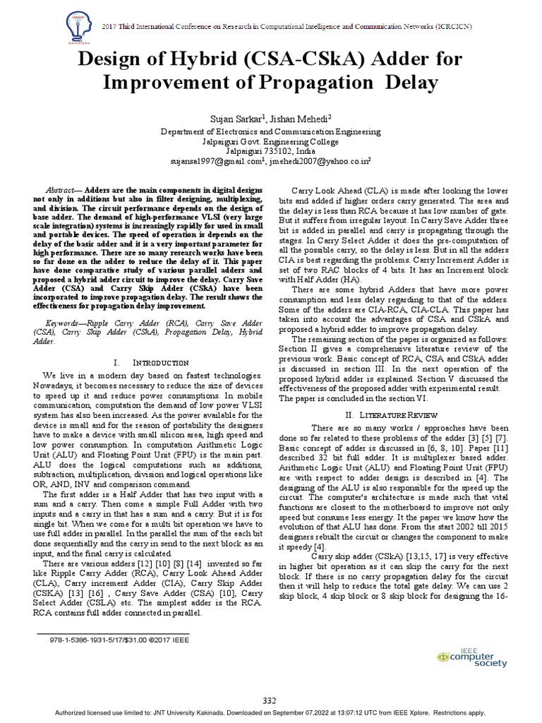 Design of Hybrid CSA-CSkA Adder For Improvement of Propagation Delay | PDF | Digital Electronics ...