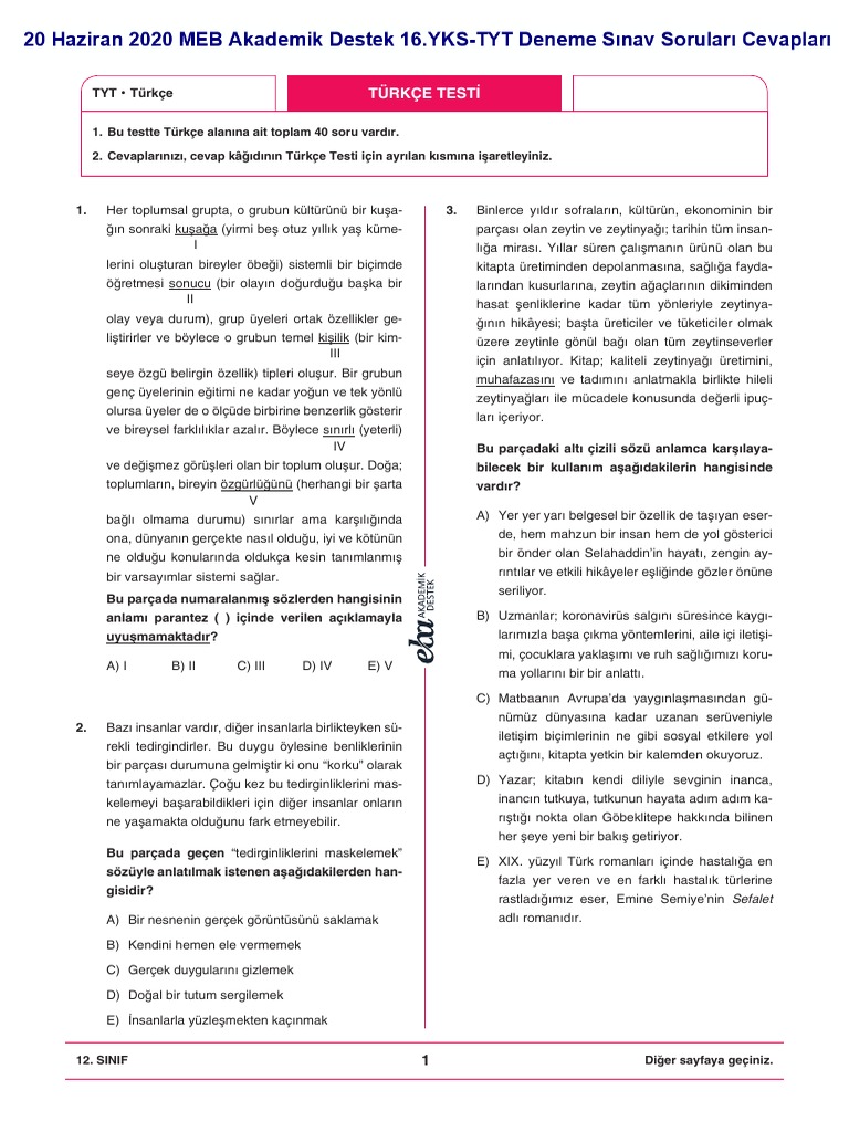 EBA TYT 16. Deneme | PDF
