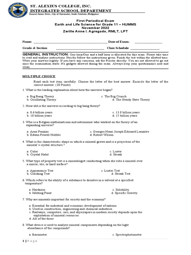 Grade 11 Earth Science Exam | PDF | Rock (Geology) | Magma
