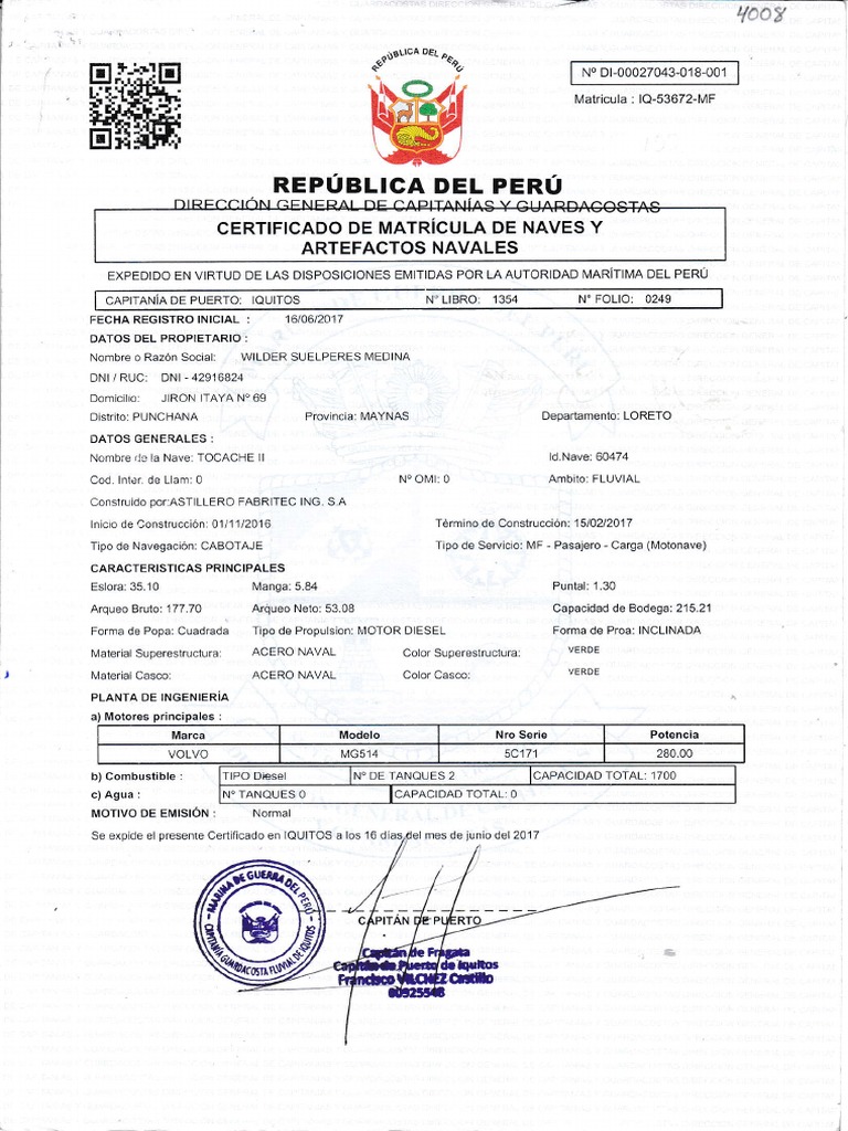 CERTIFICADO DE MATRICULA - TOCACHE II | PDF | Buques | Embarcación