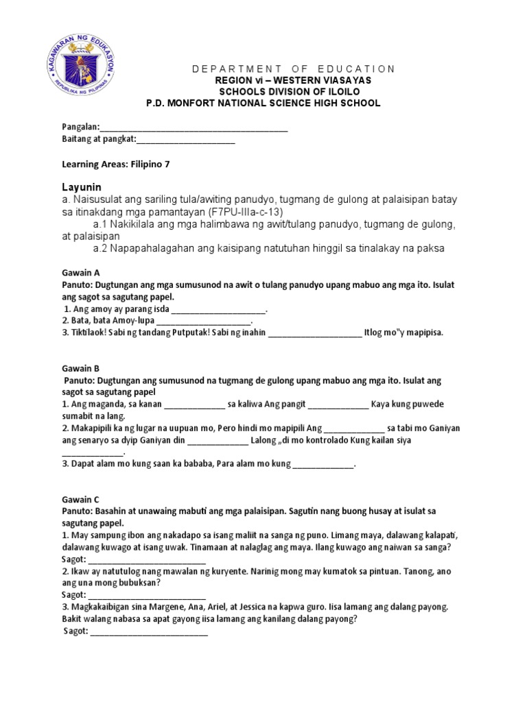 Learning Areas: Filipino 7 Layunin | PDF