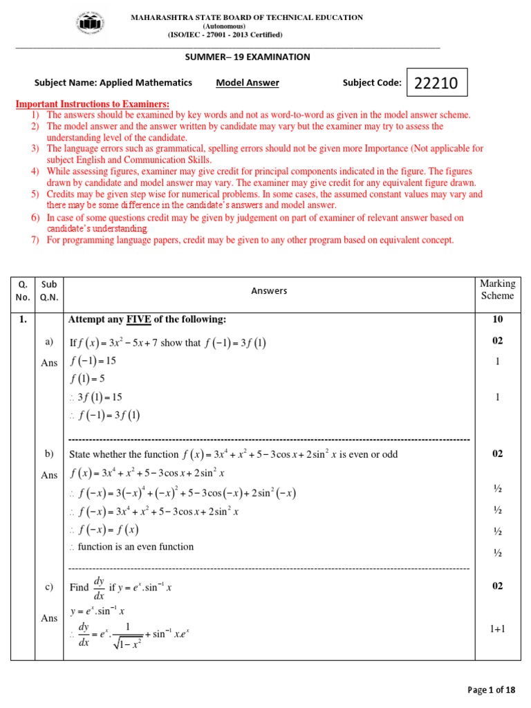 Summer 2019 Applied Mathematics Answers | PDF | Slope | Tangent