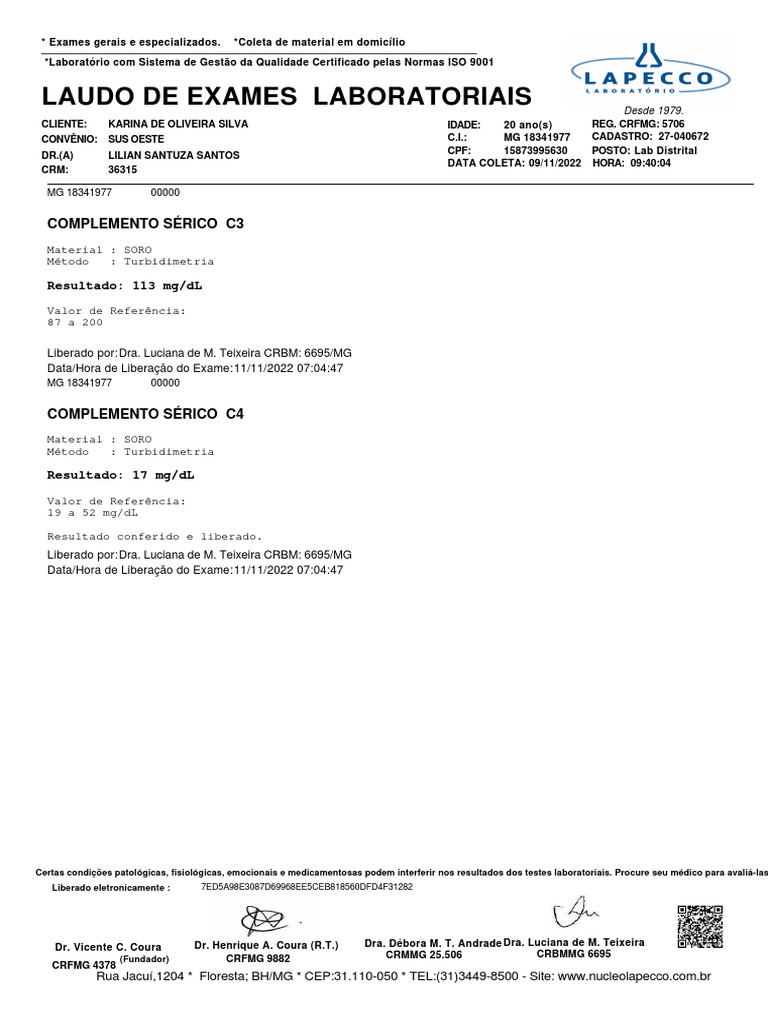 Laudo de Exames Laboratoriais: Complemento Sérico C3 | PDF