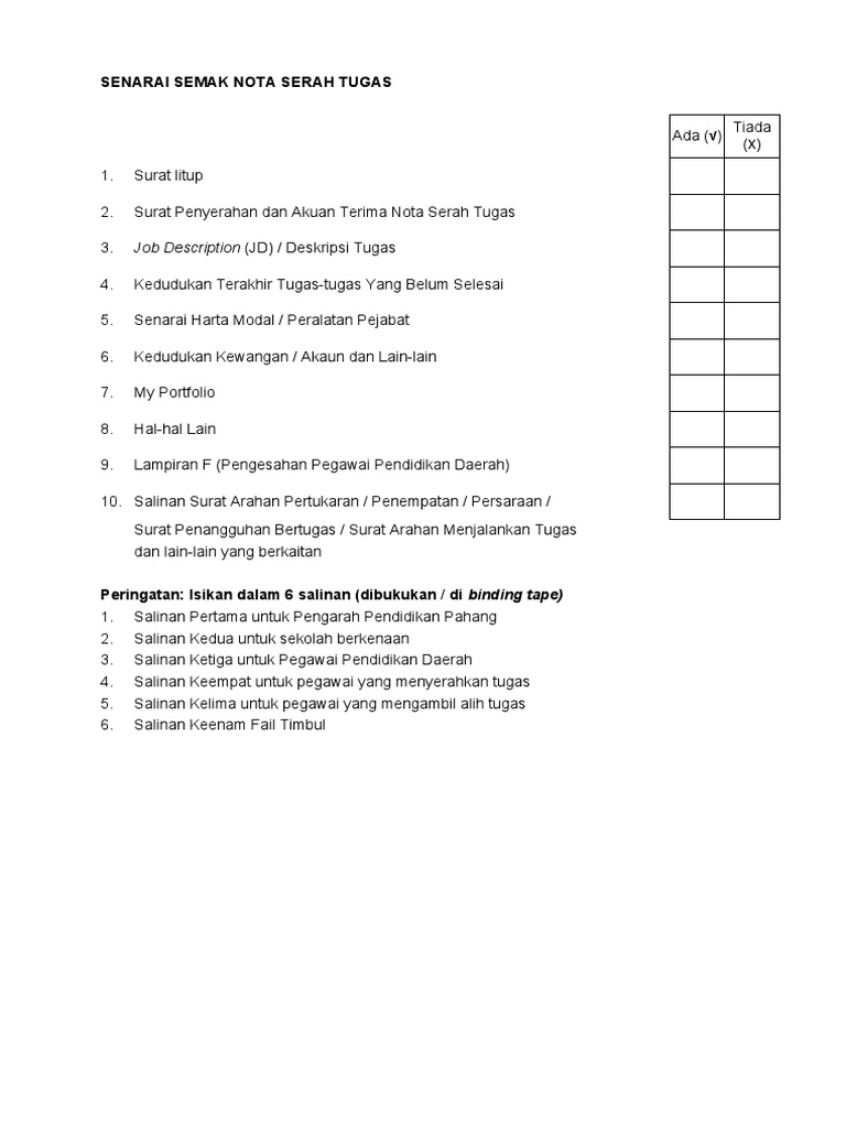 Format Terkini Nota Serah Tugas 2022 | PDF