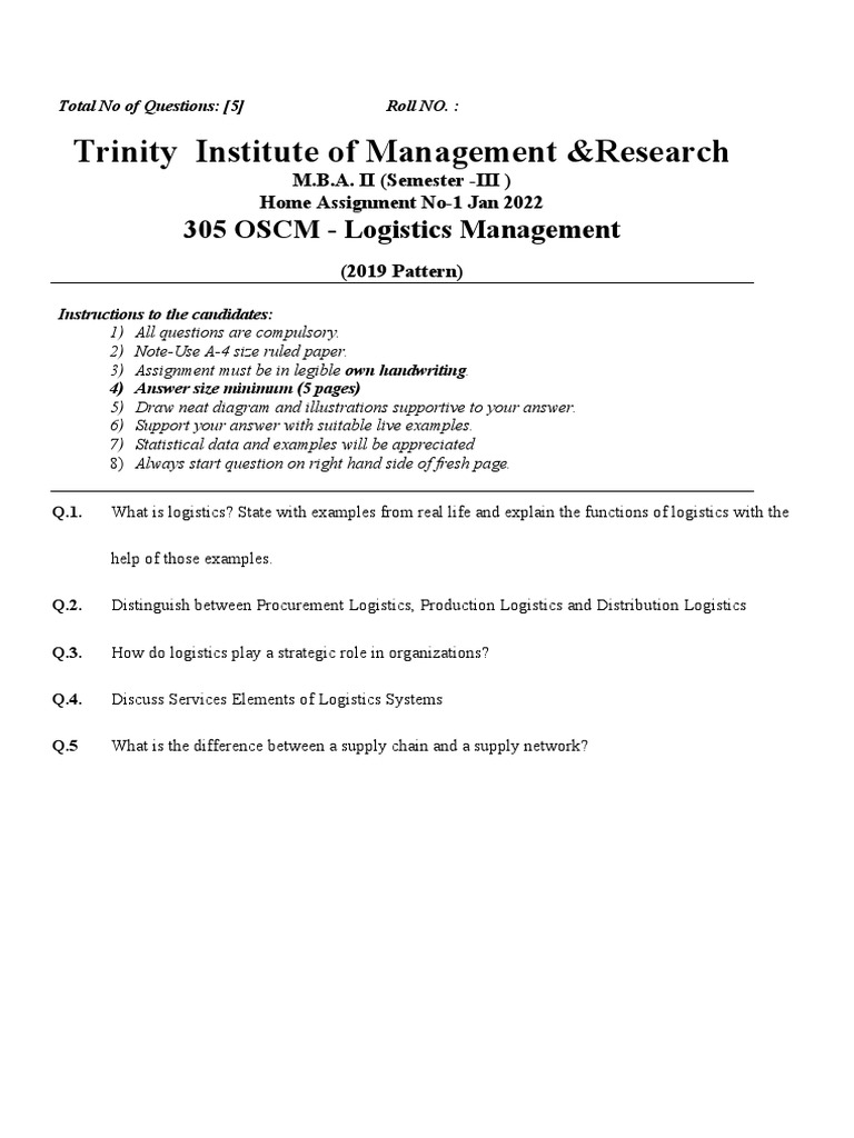 305 OSCM - Logistics Management HA | PDF | Transport | Logistics