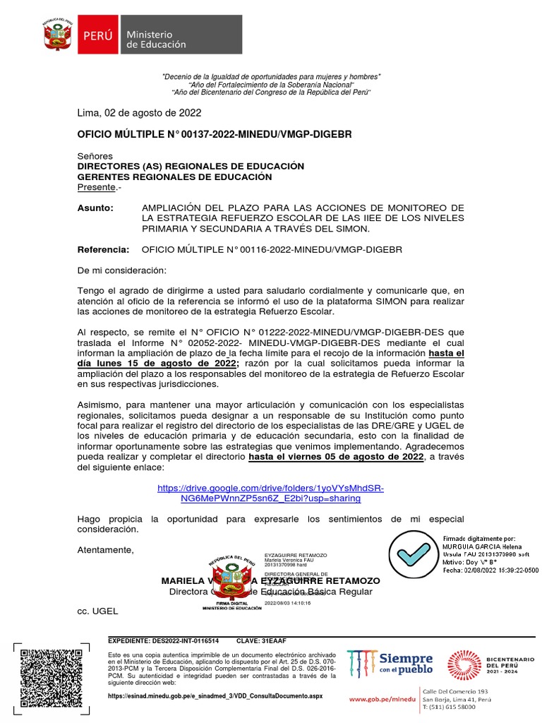 Oficio - Multiple 00137 2022 Minedu VMGP Digebr | PDF