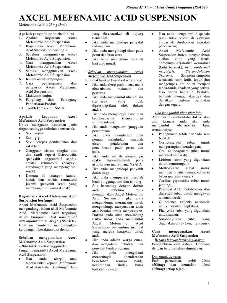 Axcel Mefenamic Acid Suspension 125mg Per 5ml (Mefenamic Acid) KOTRA ...