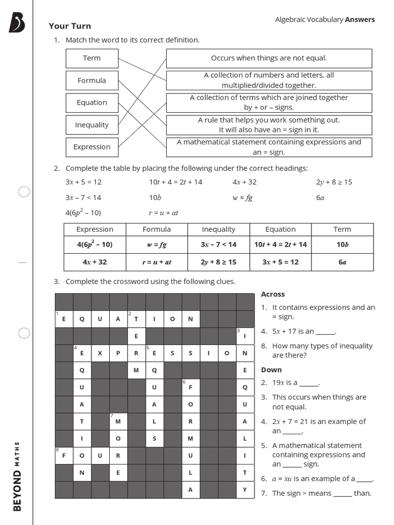 Algebraic Vocabulary (Answers) | PDF