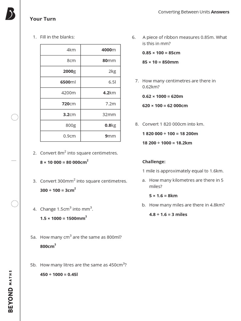 Converting Between Units (Answers) | PDF | Science & Mathematics