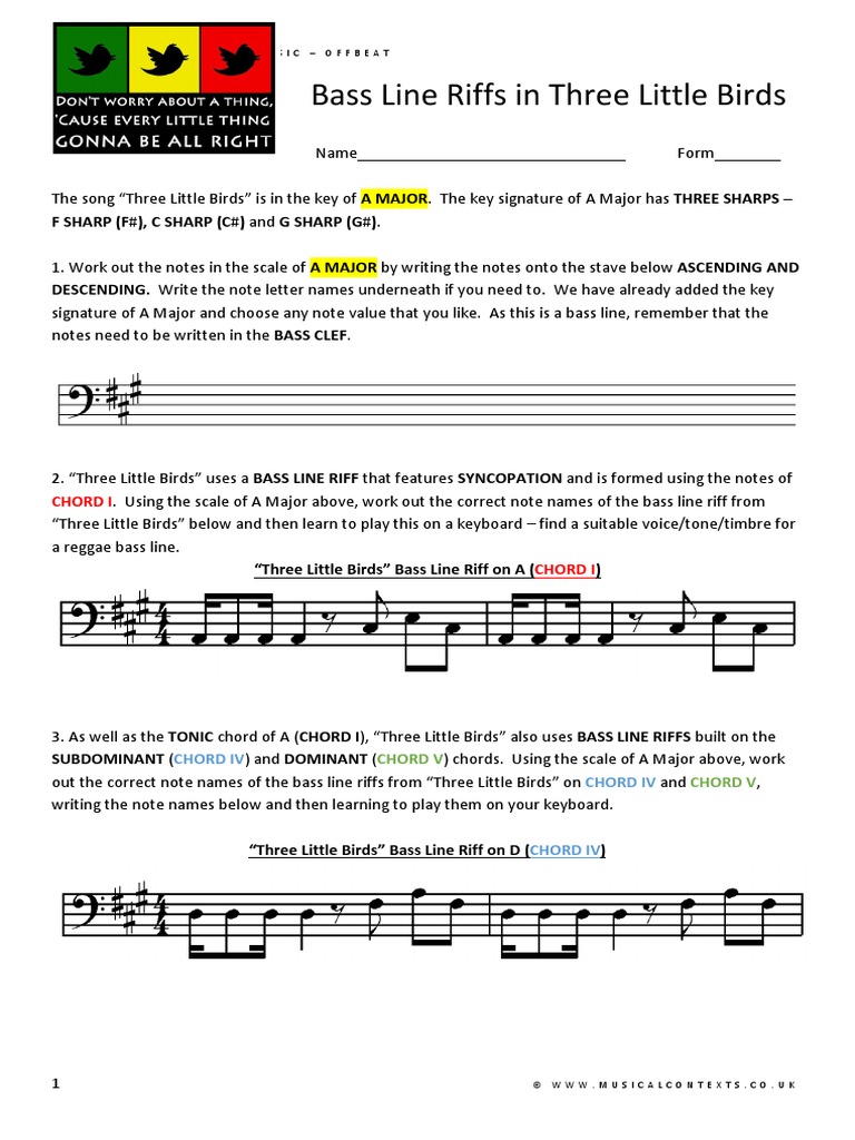 3 Little Birds Bassline | PDF | Song Structure | Chord (Music)