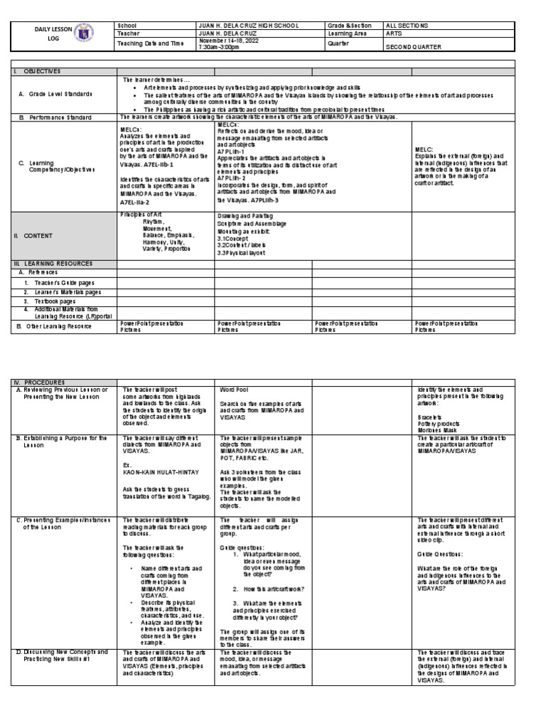 DLL Quarter 2 Week 2 Arts | PDF