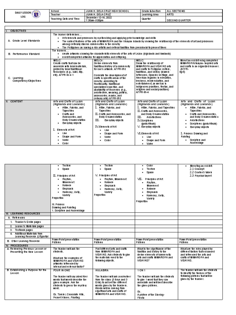 DLL Quarter 2 Week 6 Arts | PDF | Teachers | Traditions