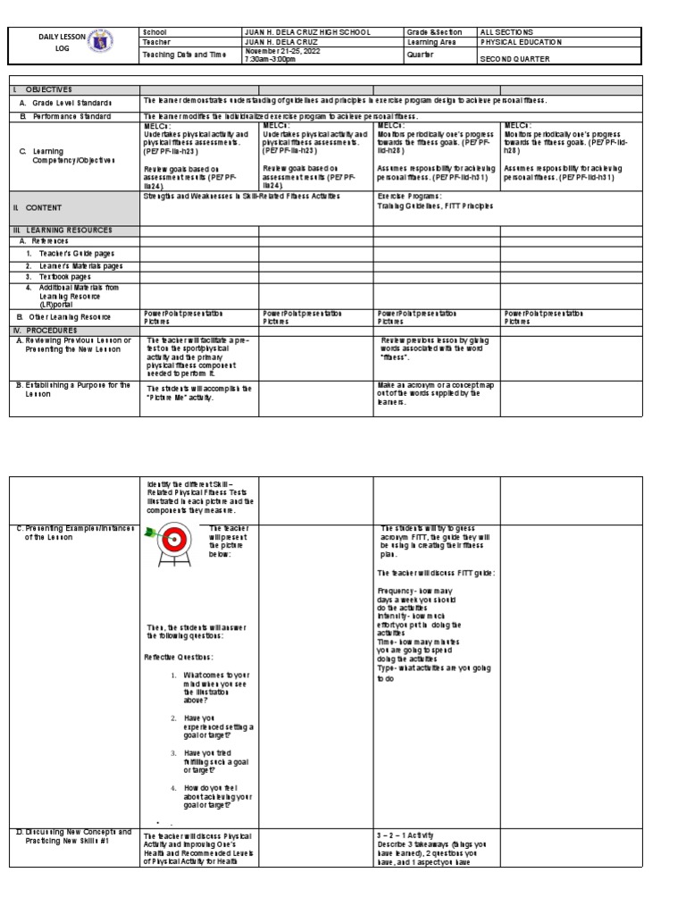 DLL Quarter 2 Week 3 Pe | Download Free PDF | Teachers | Physical Fitness