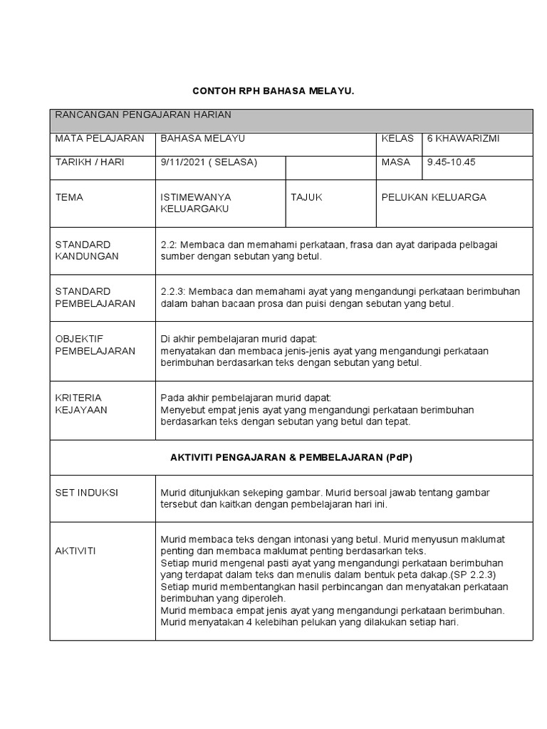 Contoh RPH Bahasa Melayu | PDF