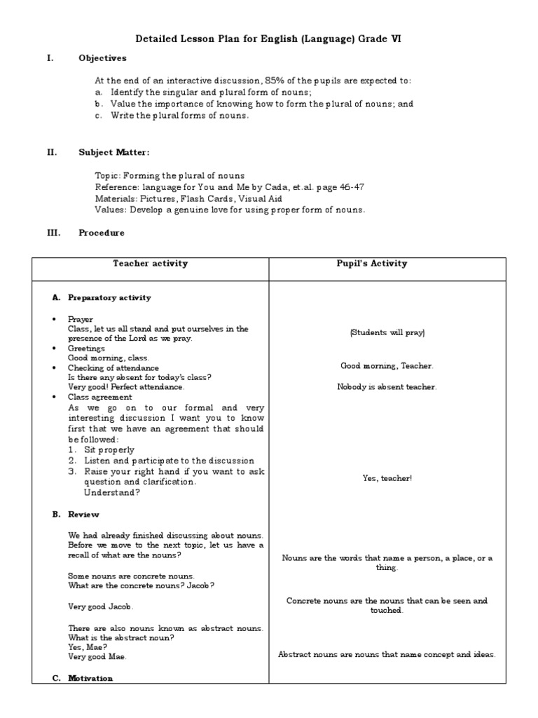 Forming Plurals and Understanding Nouns: A Detailed Lesson Plan for ...