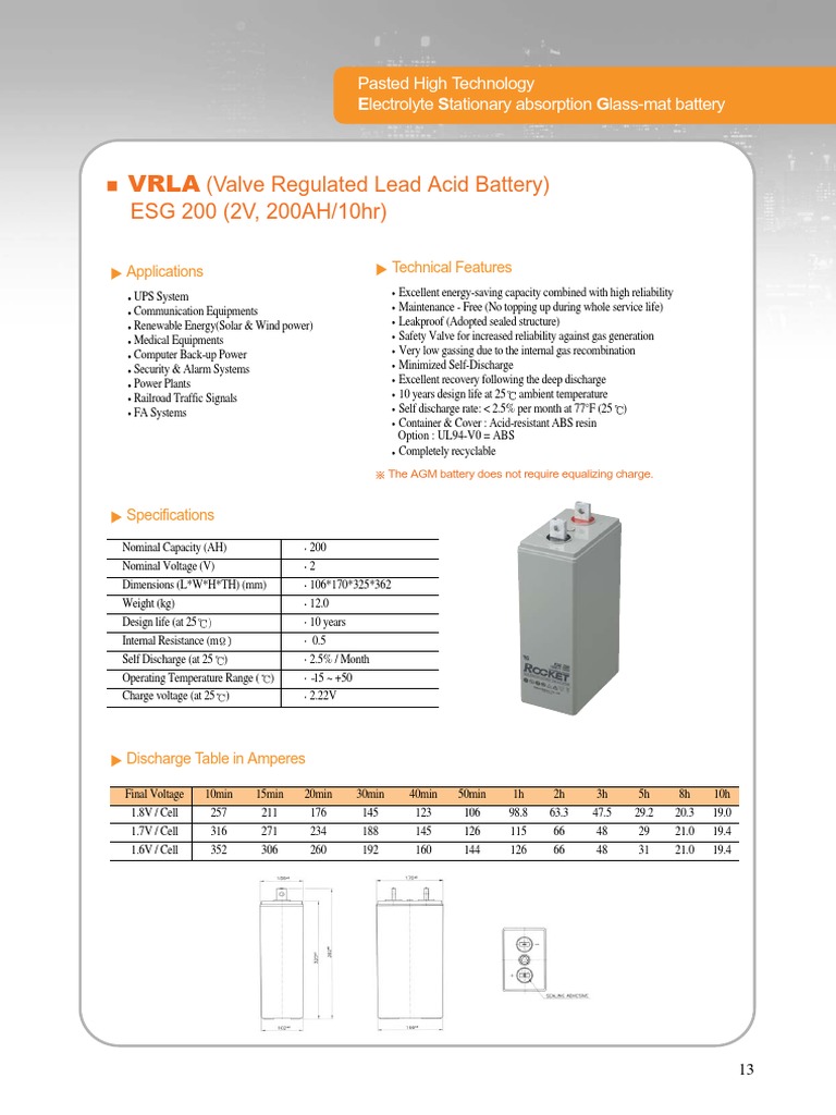 (Valve Regulated Lead Acid Battery) ESG 200 (2V, 200AH/10hr) | PDF ...