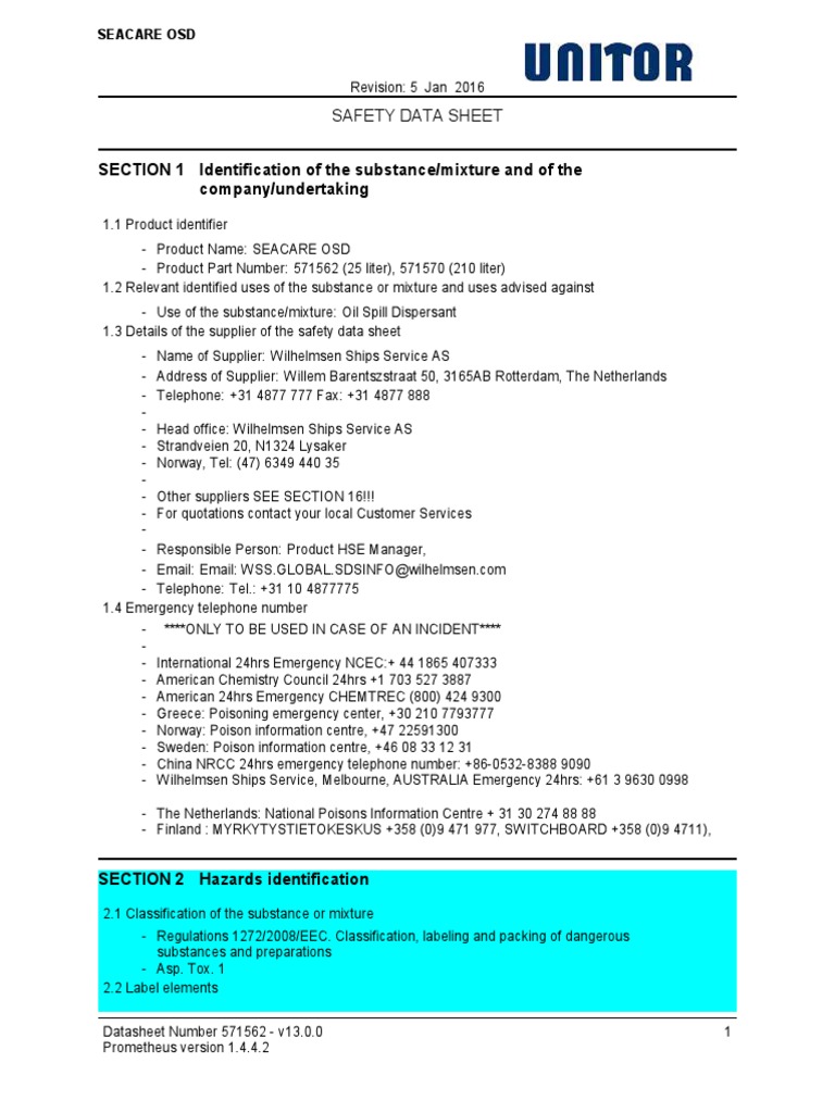 2 Unitor Seacare OSD MSDS | PDF | Dangerous Goods | Personal Protective ...