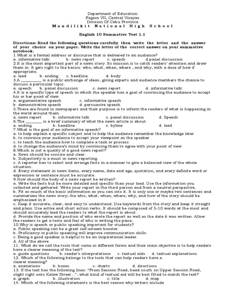 English 10 Summative Test 1.1 | PDF | Map | News