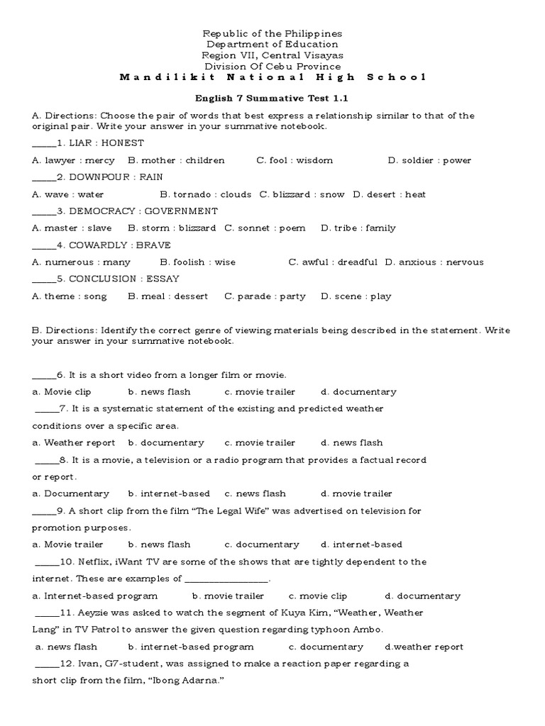 English 7: Media Genre Assessment | PDF | Foreign Language Studies