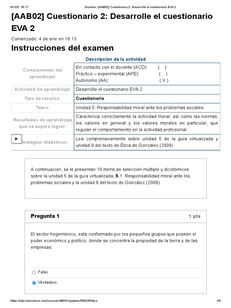 Examen - (AAB02) Cuestionario 2 - Desarrolle El Cuestionario EVA 2 - Ética | PDF