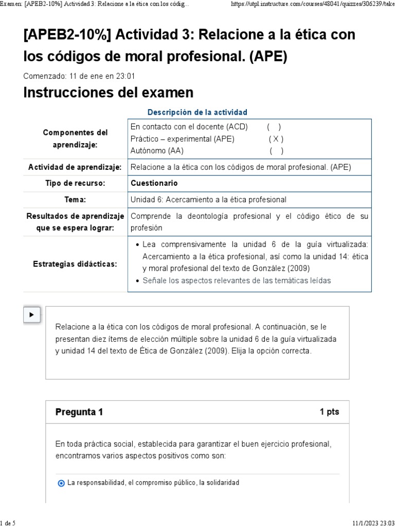 Examen [APEB2-10_] Actividad 3 Relacione a La Ética Con Los Códigos de Moral Profesional. (APE ...
