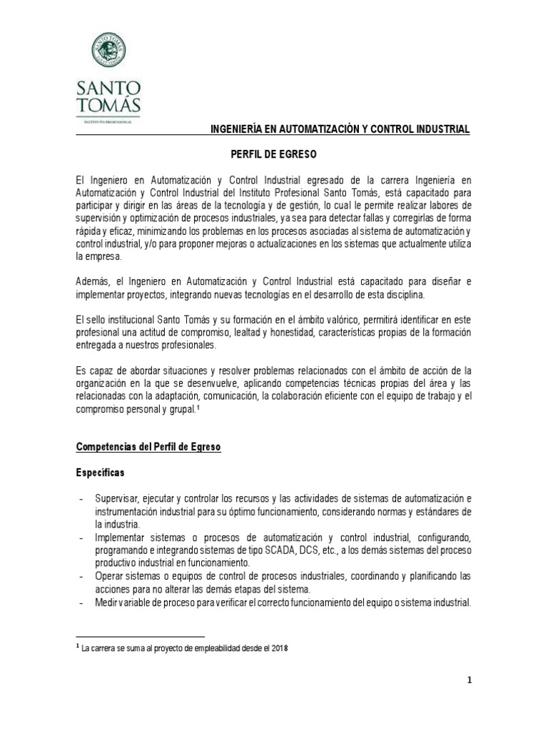 Perfil de Egreso Ingenieria en Automatizacion y Control Industrial | PDF