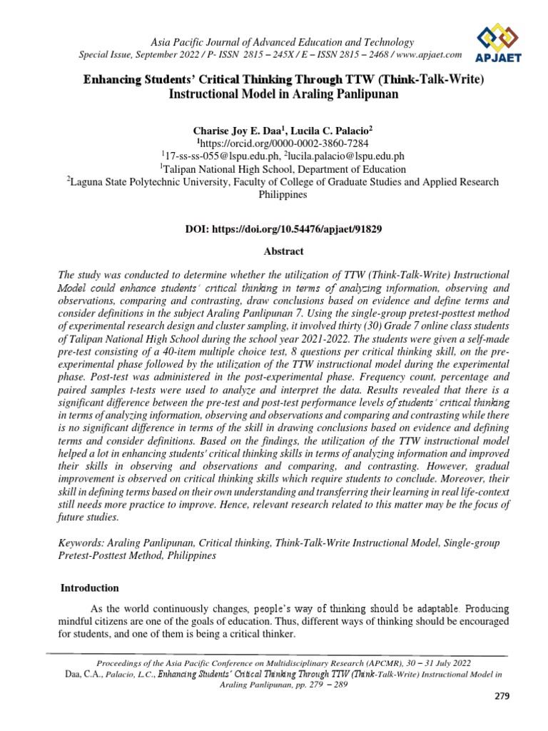 Enhancing Students' Critical Thinking Through TTW (Think-Talk-Write ... Enhancing Students' Critical Thinking Through TTW (Think-Talk-Write ...