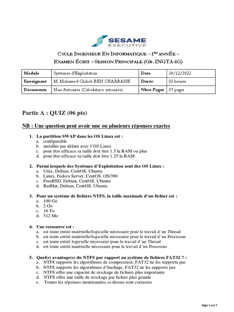 Devoir Système D'exploitation Session Principale Groupe INGTA-1-G | PDF | Système d'exploitation ...