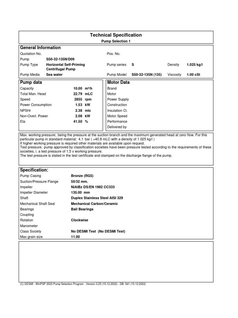 S50-32-135N-D09 Tech Specs | PDF | Pump | Equipment