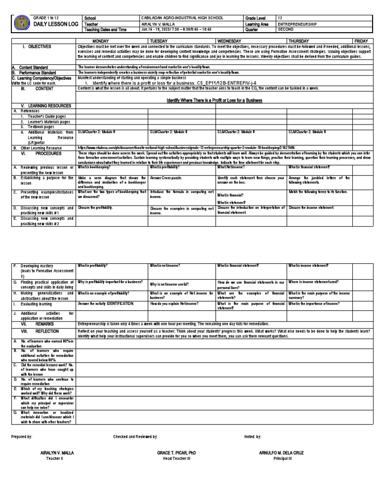 Q2 W9 DLL Entrp | PDF | Learning | Teachers